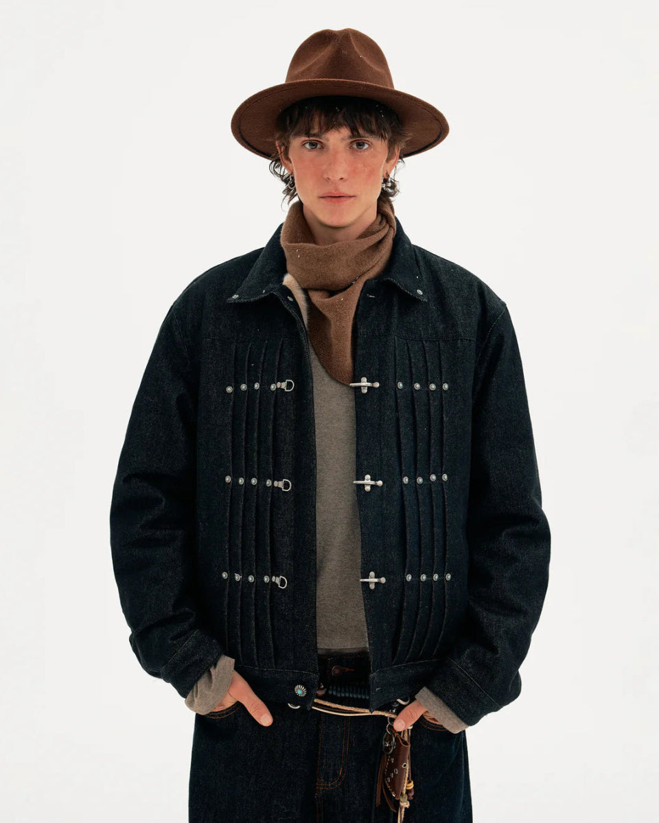 Clasp Jacket – Pleated Denim with Metal Buckles | Revivo Avenue